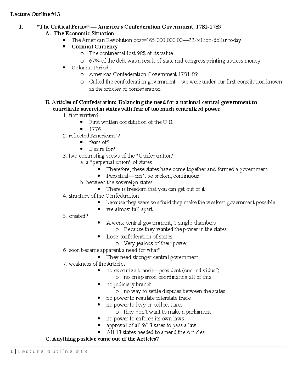 History 1010 lecture 13 - Lecture Outline # I. “The Critical Period ...