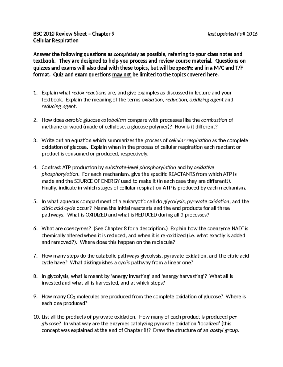 Review - CR Chapter 9 Fall 2016 - BSC 2010 Review Sheet – Chapter 9 ...