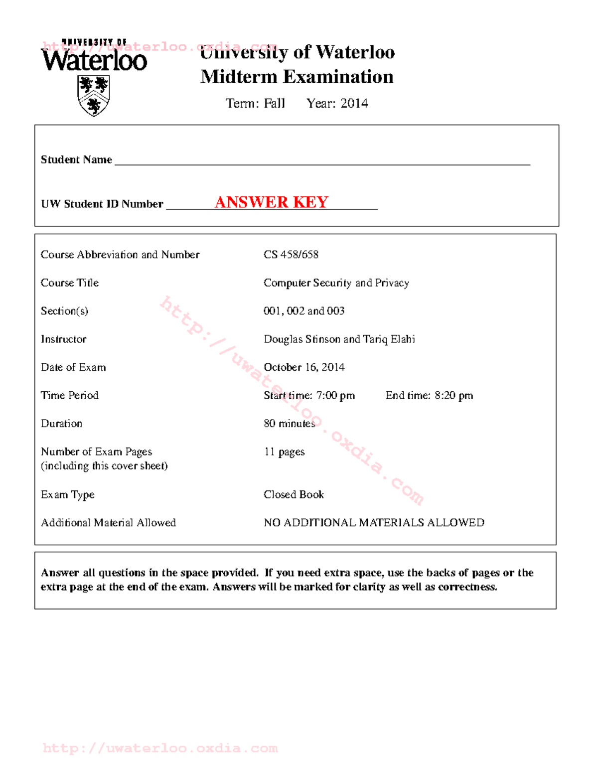 Midterm exam 2014, questions and answers - uwaterloo.oxdia University of Waterloo Midterm - Studocu