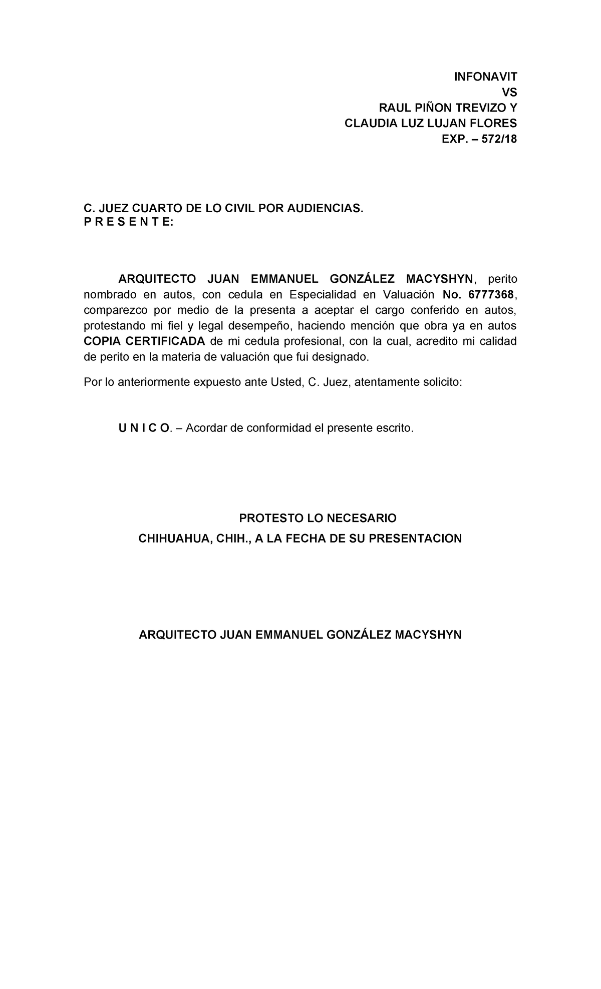 Aceptacion DE Cargo ARQ. JUAN Gonzalez - INFONAVIT VS RAUL PIÑON ...