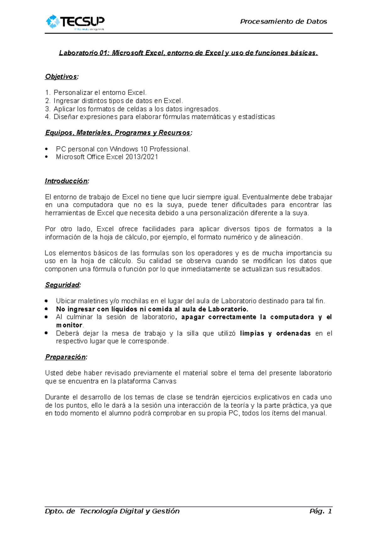 L01 Microsoft Excel, entorno y funciones basicas-1 - Laboratorio 01 ...