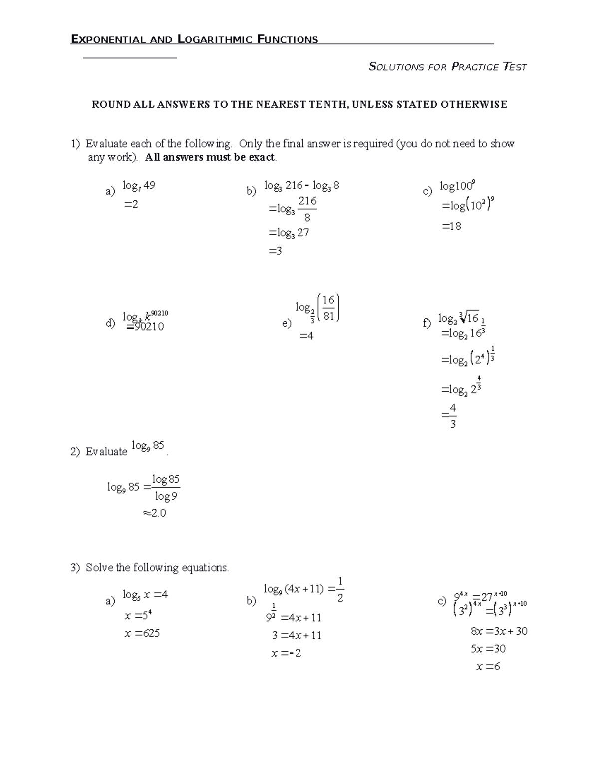 Practice Test - Solutions - EXPONENTIAL AND LOGARITHMIC FUNCTIONS ...