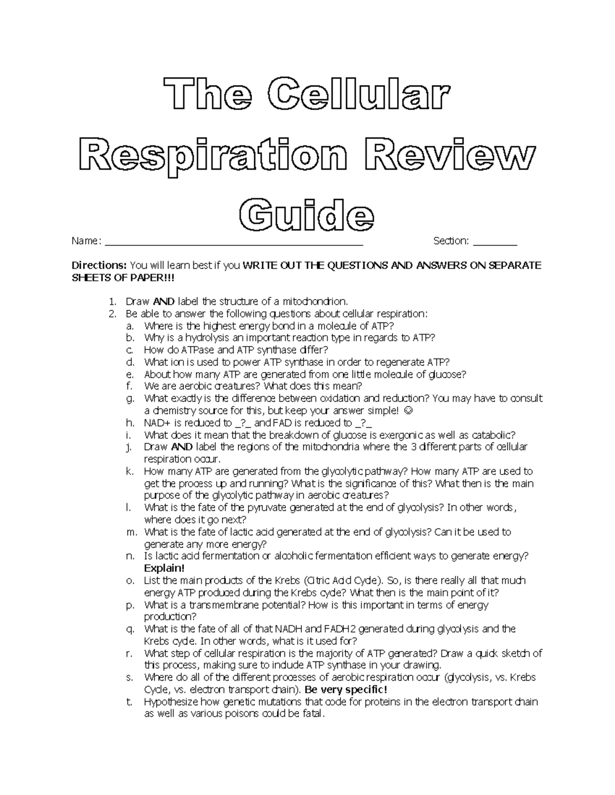 The Cellular Respiration Review Guide - Name