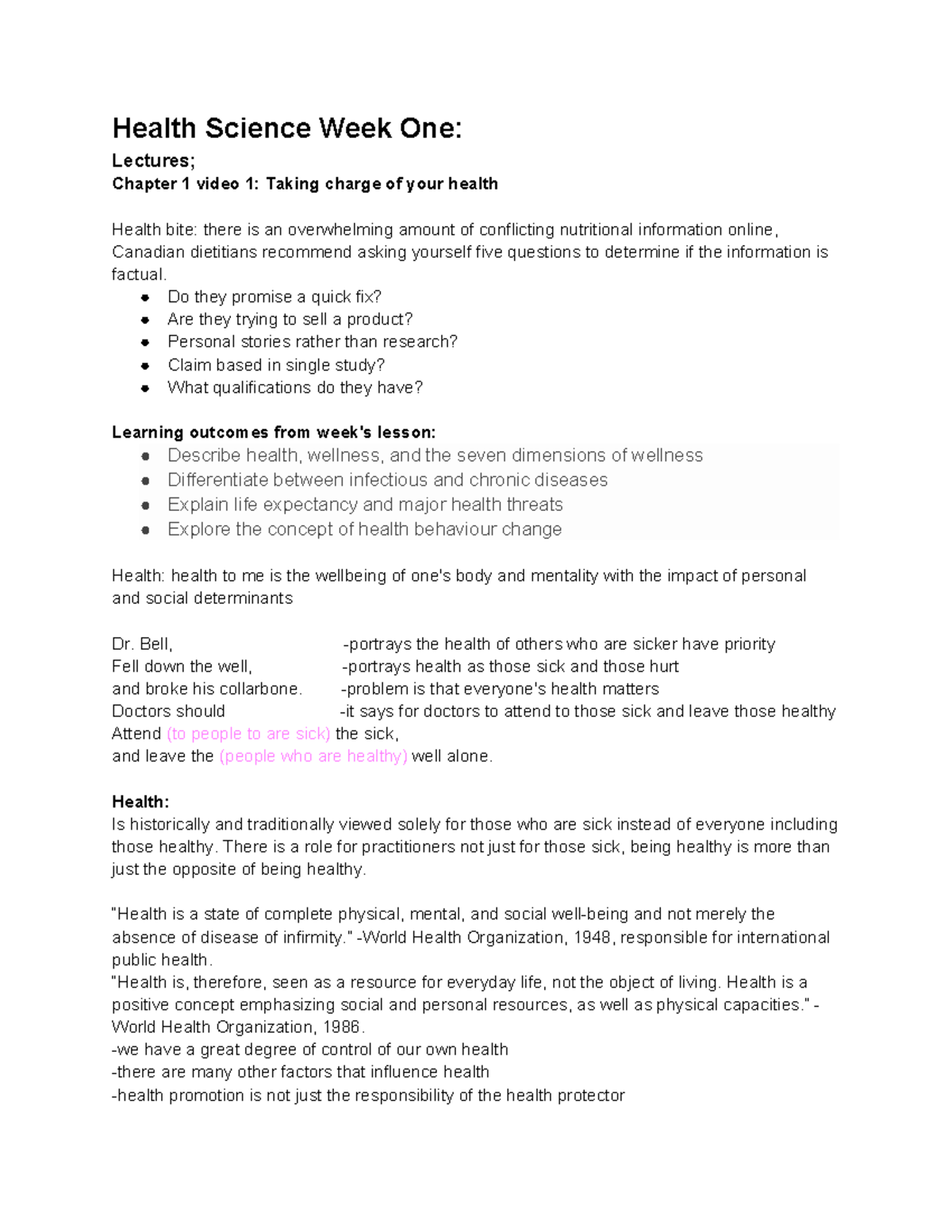 Health SCI week 1 lecture and textbook notes - Health Science Week One ...