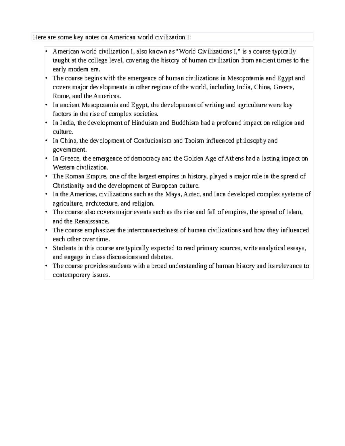 Key notes on World Civilization I - Here are some key notes on American ...