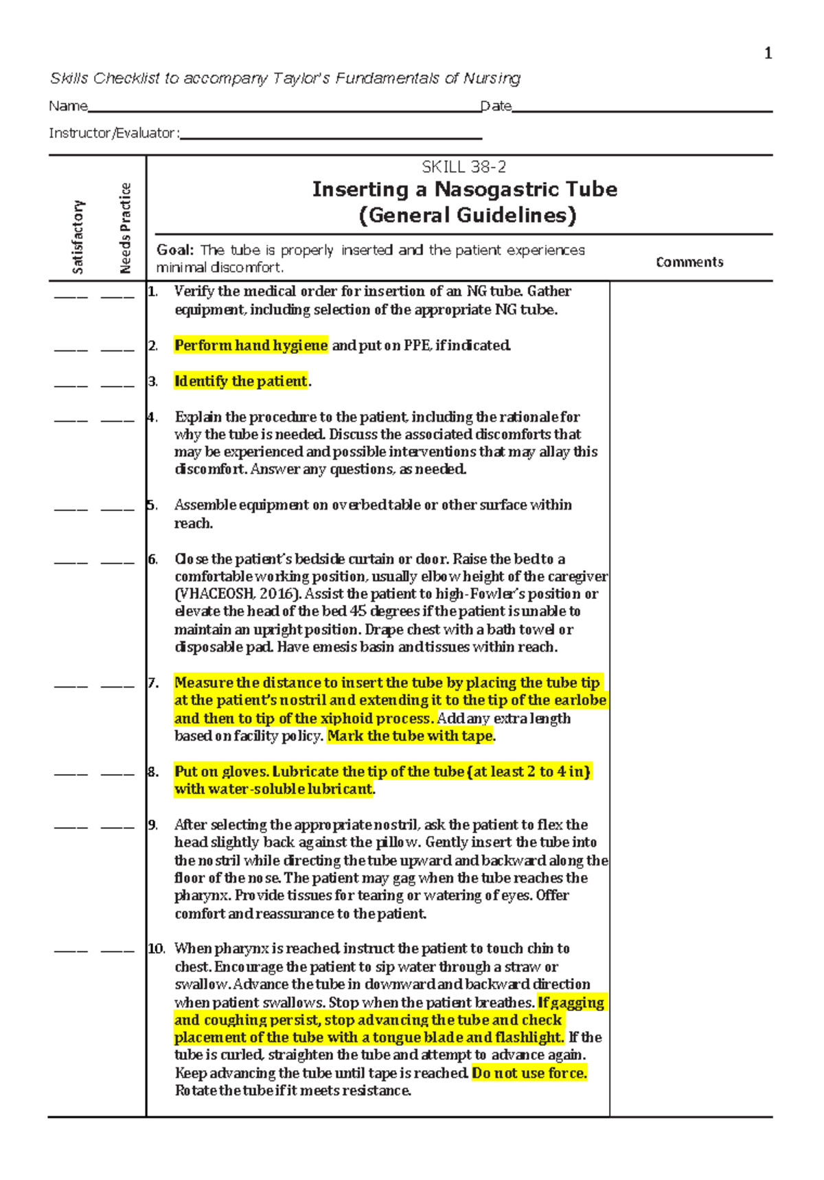 Skill 38-2 Inserting a Nasogastric Tube Revised FA20 - 1 Skills ...
