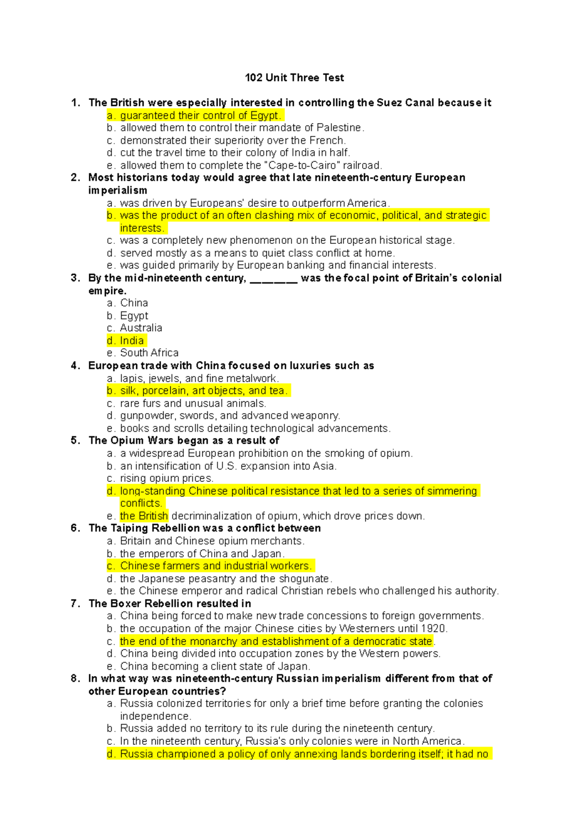 Unit Three Test - work assignments from textbooks and lectures - 102 ...
