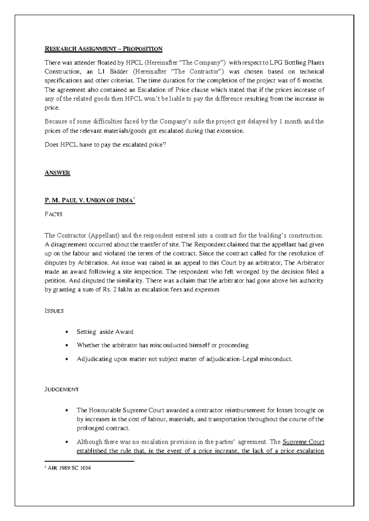 Assignment 1 Contd - RESEARCH ASSIGNMENT – PROPOSITION There was attender floated by HPCL - Studocu
