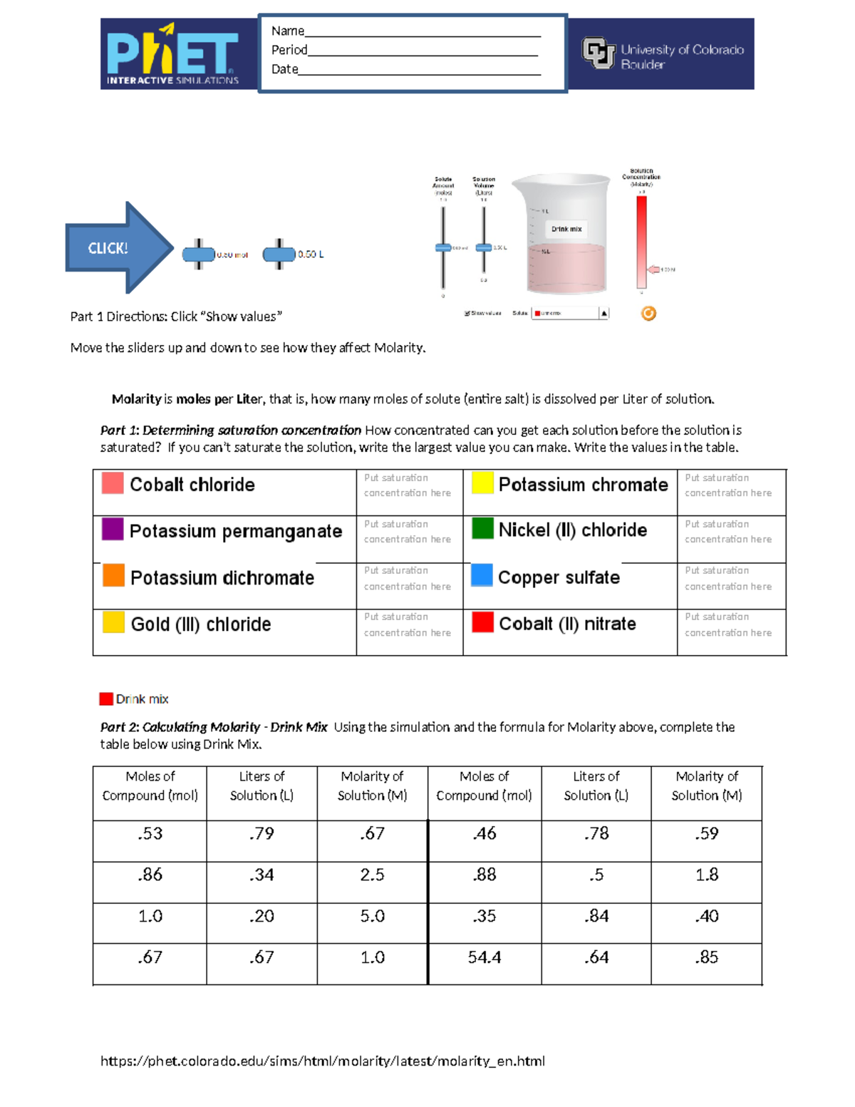 Ph ET - Molarity - Name__________________________________ Period