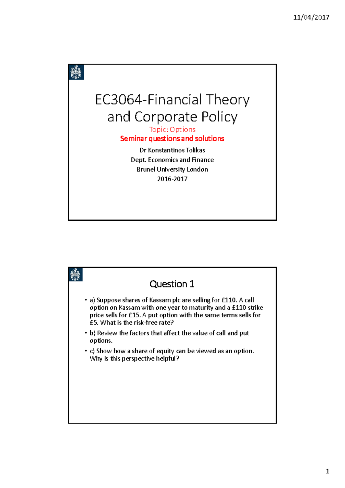 2. Options-Seminar questions and answers(1)-2 - EC3064‐Financial Theory ...