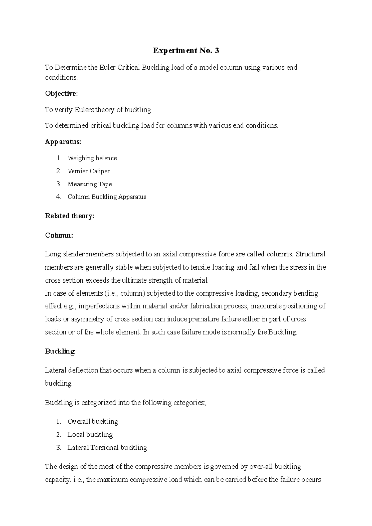 Lab 3-Column Buckling - notes - Experiment No. 3 To Determine the Euler ...