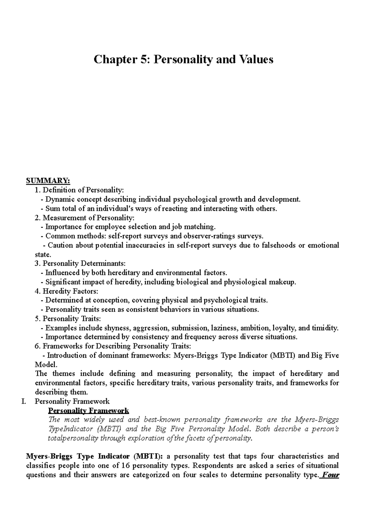 OB Chapter 5 summary - SUMMARY: Definition of Personality: Dynamic concept describing individual ...