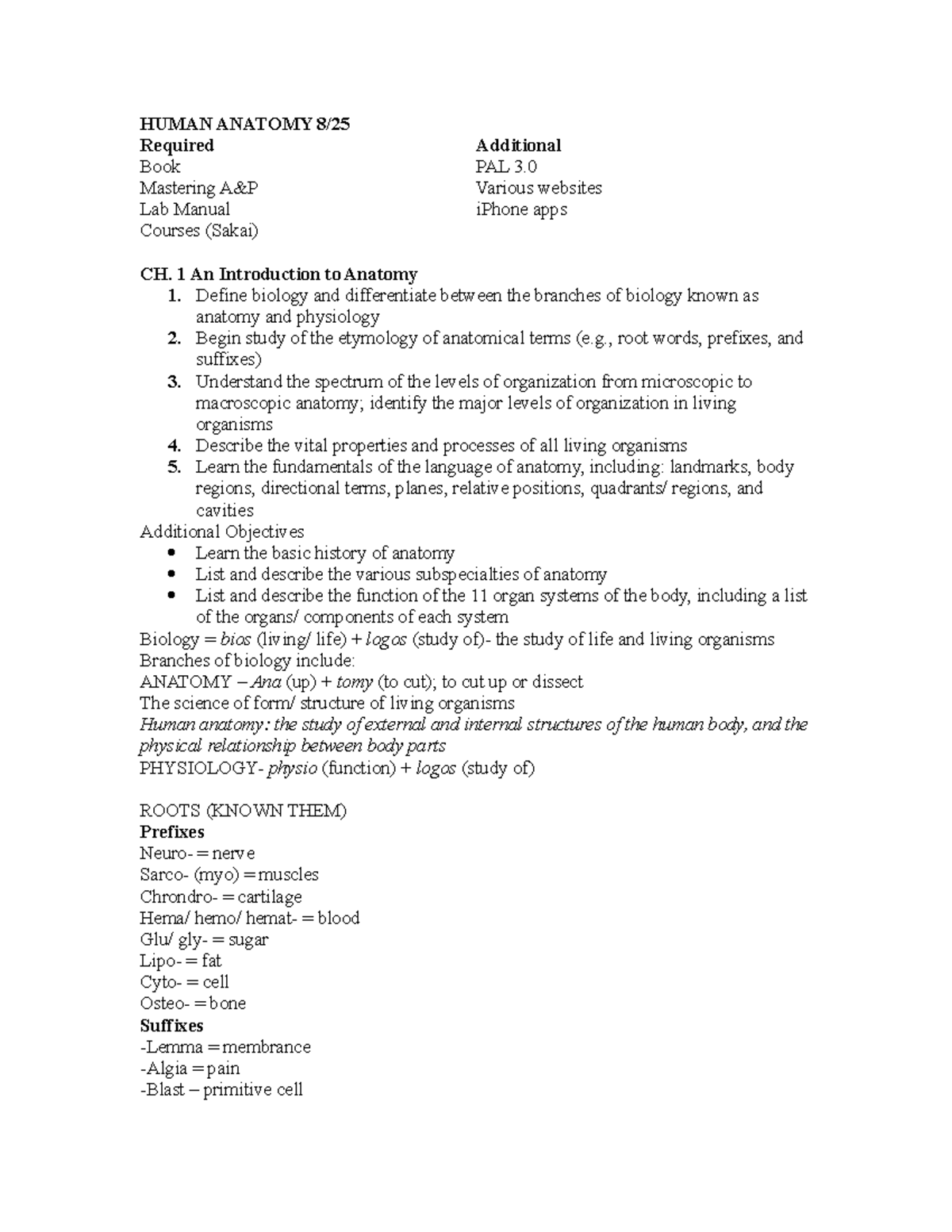 Ch 1 Intro to Anatomy - Lecture notes - HUMAN ANATOMY 8/ Required ...