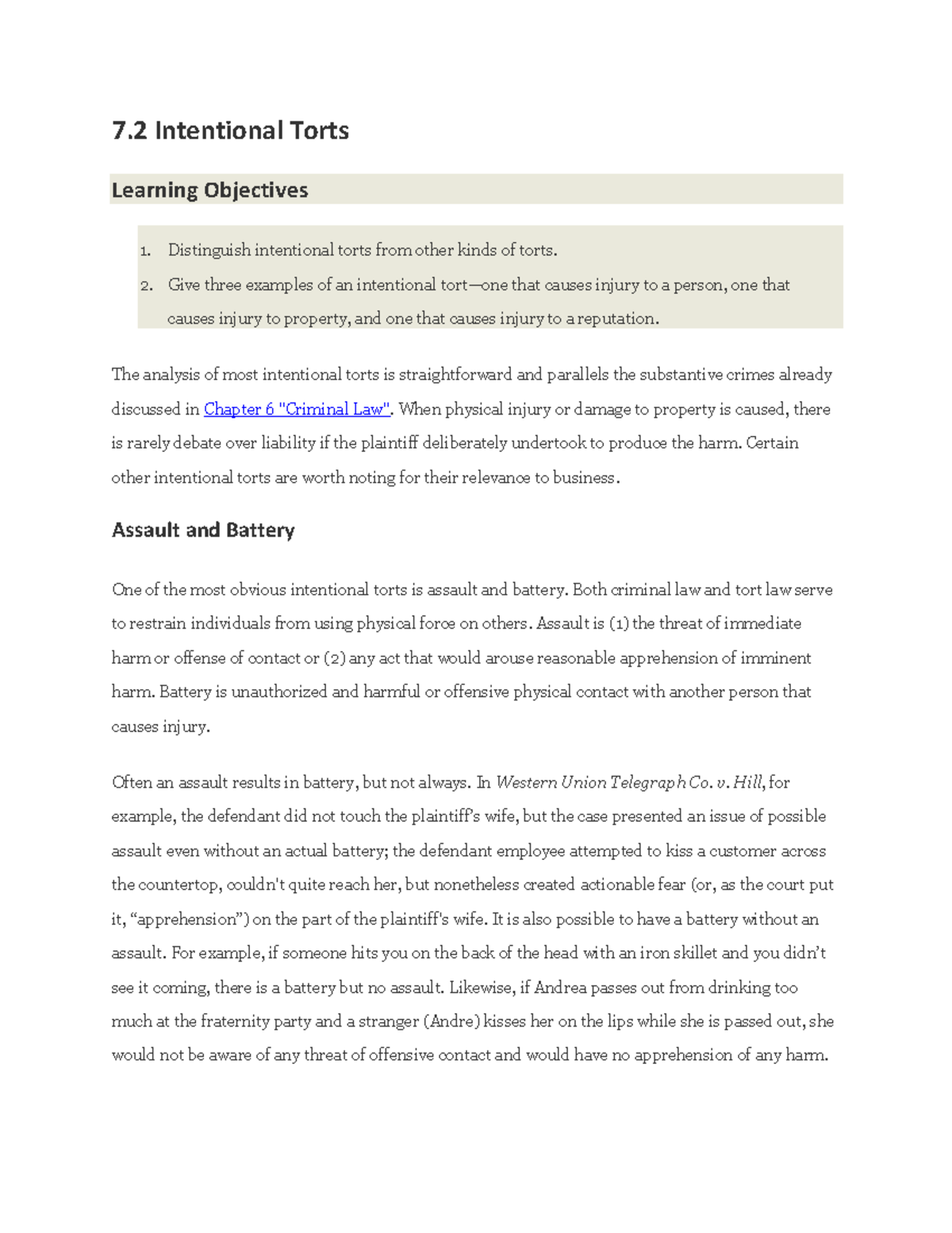 Tort Law - 7.2 - Intentional Torts - 7 Intentional Torts Learning ...