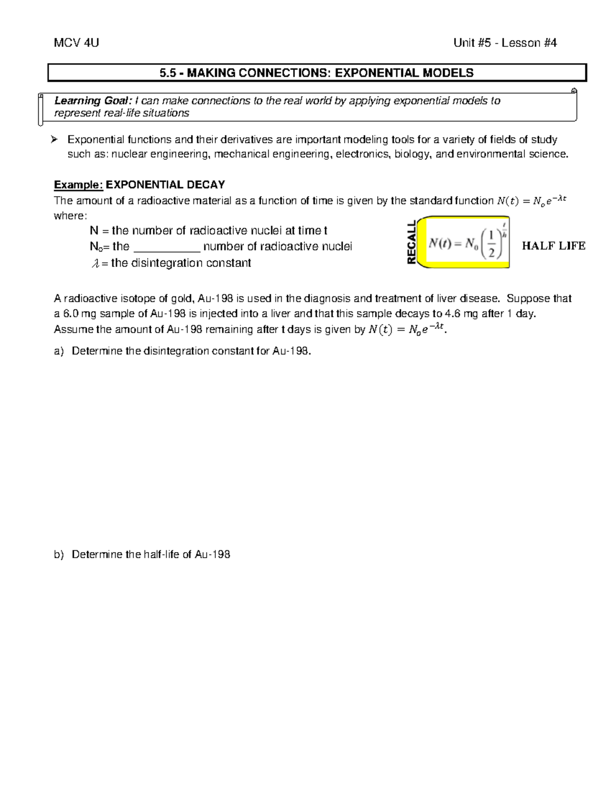 Mcv4u - Unit 4 and 5 - lesson package 2024 - Copy - 5 - MAKING CONNECTIONS: EXPONENTIAL MODELS ...