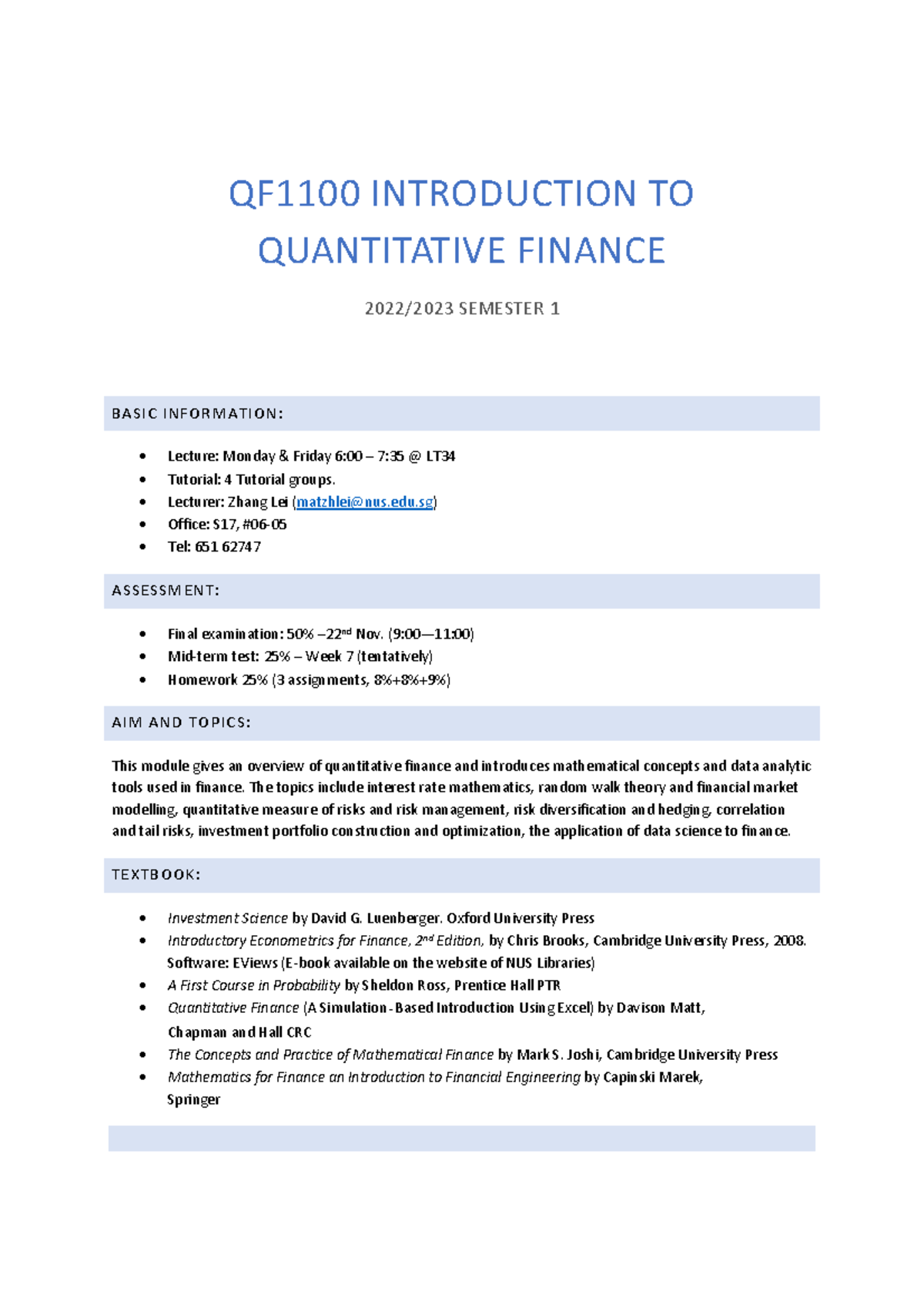 QF1100 Syllabus - QF1100 INTRODUCTION TO QUANTITATIVE FINANCE 2022/2023 ...