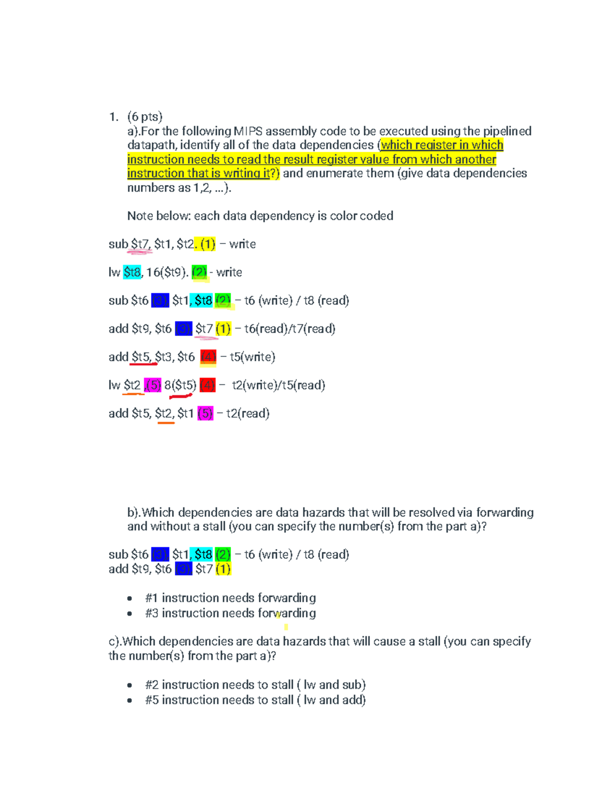 CSE230- F21-data dependencies - HW 10 1215276062 kmuham10@asu (6 pts) a).For the following MIPS ...