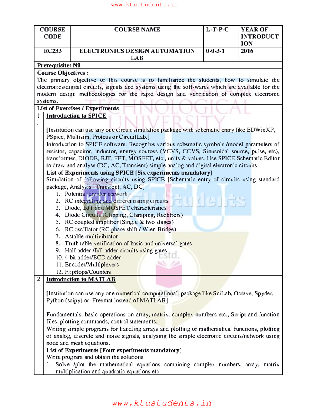 EC233 Electronic Design Automation Lab - COURSE CODE COURSE NAME L-T-P ...