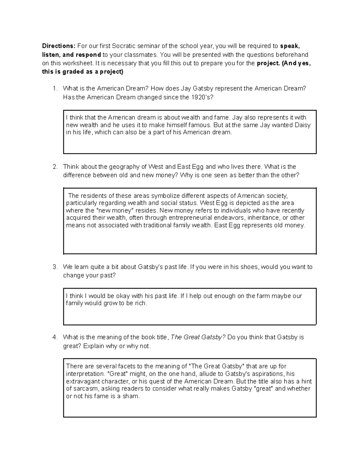 Great Gatsby Socratic Seminar Questions - Directions: For our first ...