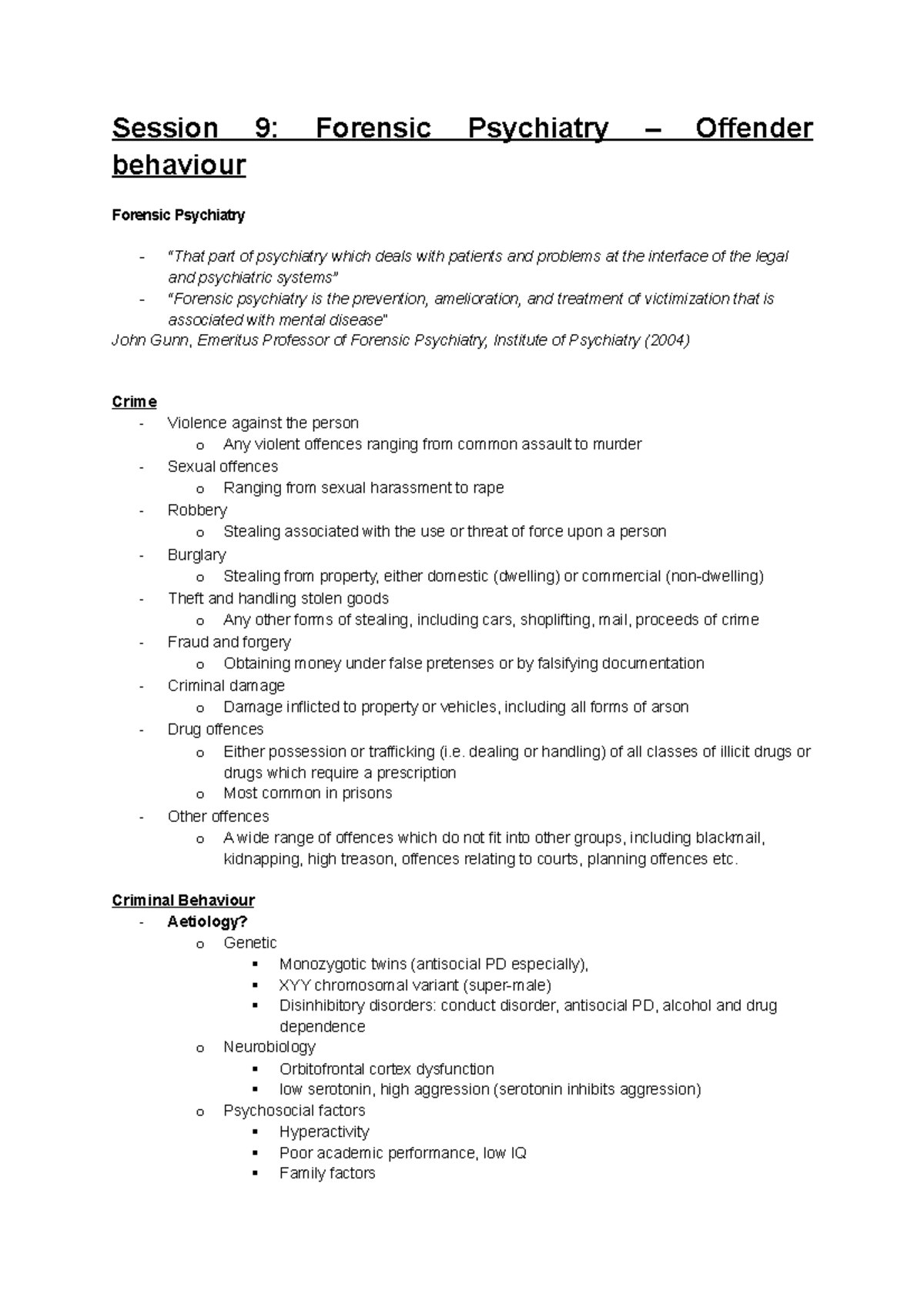Session 9 - Forensic Psychiatry - dealing or handling) of all classes ...