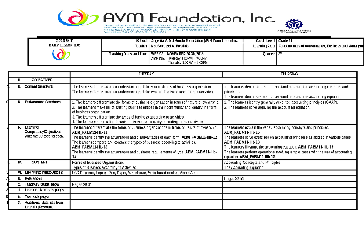 DLL FABM Week3 - GRADES 11 DAILY LESSON LOG School Angelita V. Del ...
