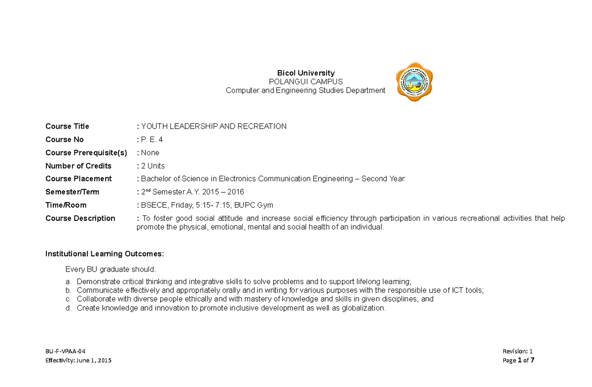 Obe-syllabus- Bsece - sylabus - Bicol University POLANGUI CAMPUS ...