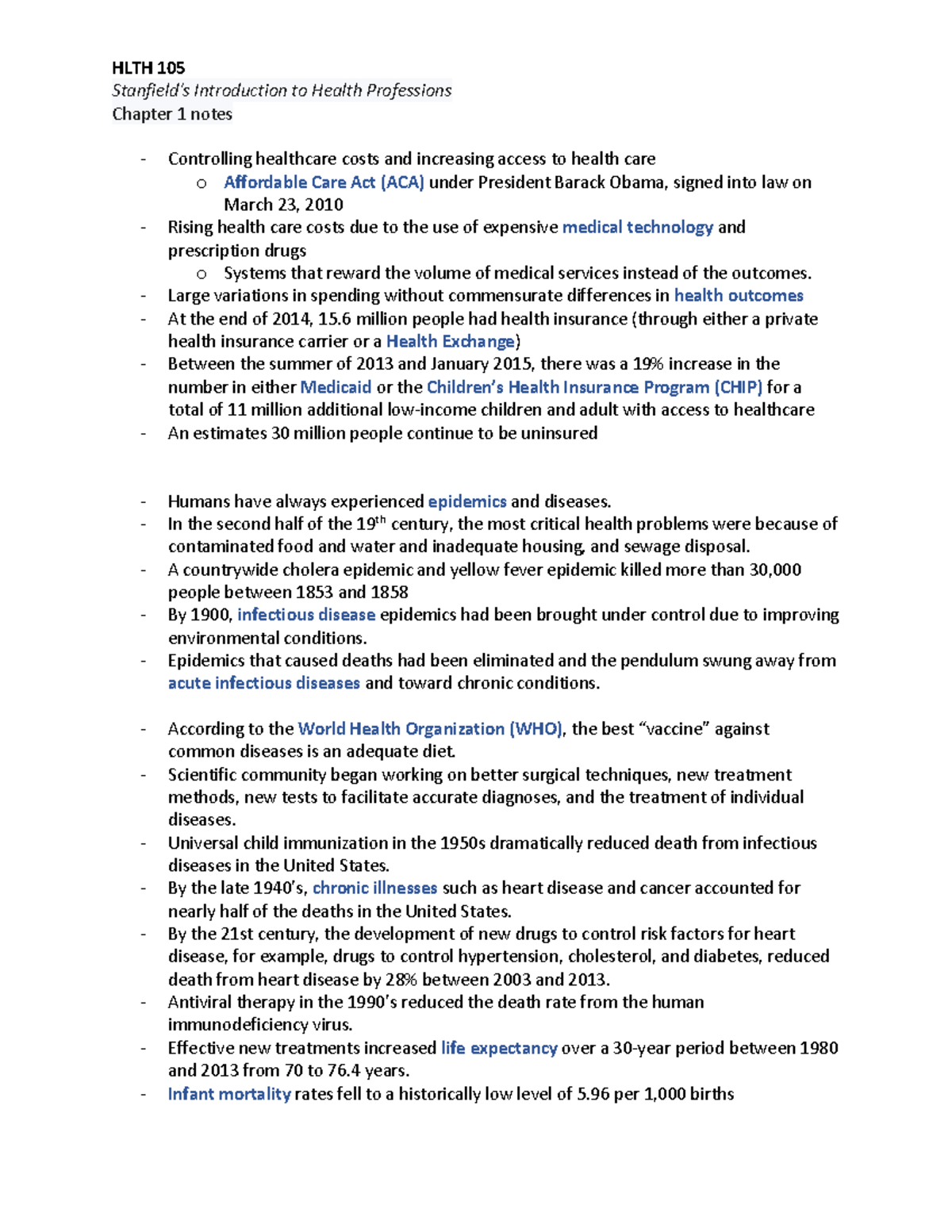 Stanfield's Introduction to Health Professions: Chapter 1 Notes - HLTH ...