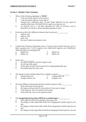 Tutorial 3 Section B Answer - ABBE1013 MICROECONOMICS tutorial 3 ...