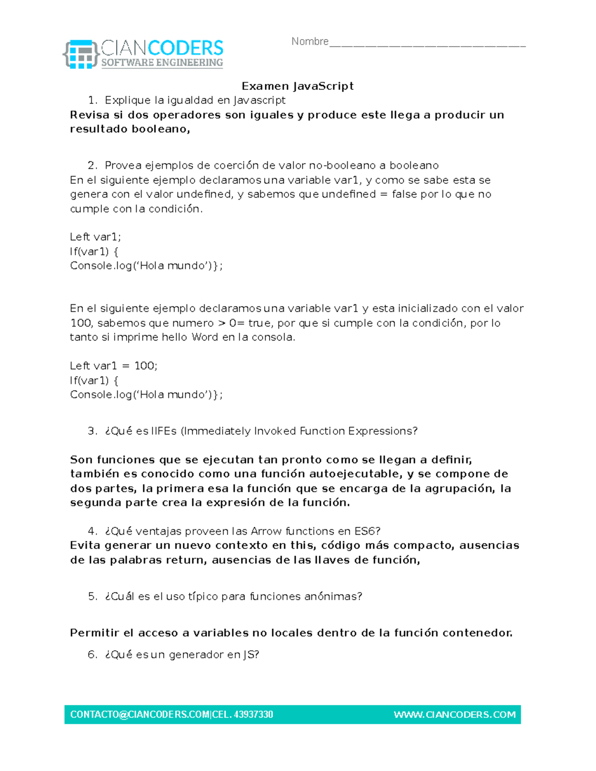 Examen Java Script Avanzado Cian Coders - Nombre_________________________________ Examen ...