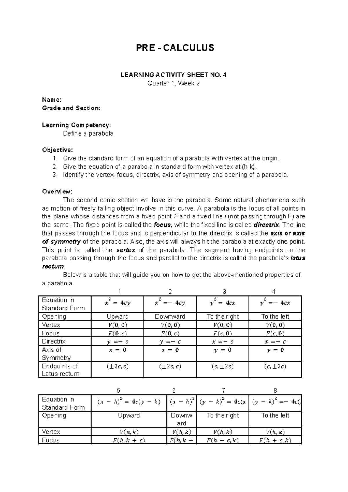 Pre Calculus Week 2 Competency 4 - PRE - CALCULUS LEARNING ACTIVITY ...