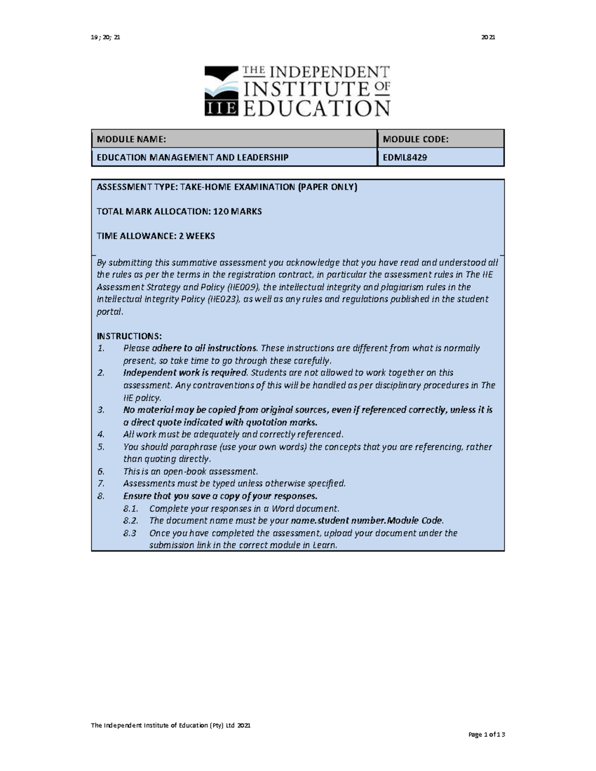 EDML8429Ea THE - EDMA past exam paper - 19; 20; 21 2021 The Independent ...