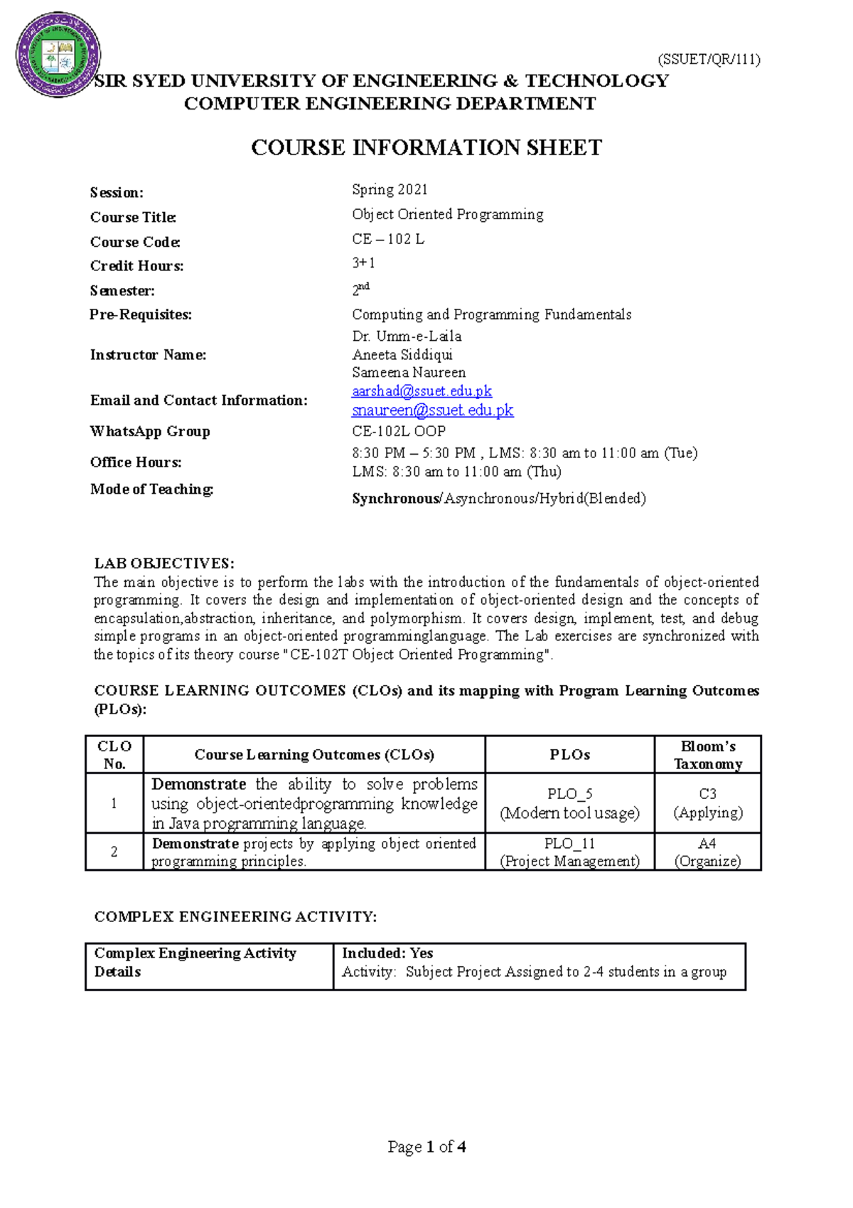 CIS Fo E Batch 2021 OOP (LAB) Combined - SIR SYED UNIVERSITY OF ENGINEERING & TECHNOLOGY - Studocu