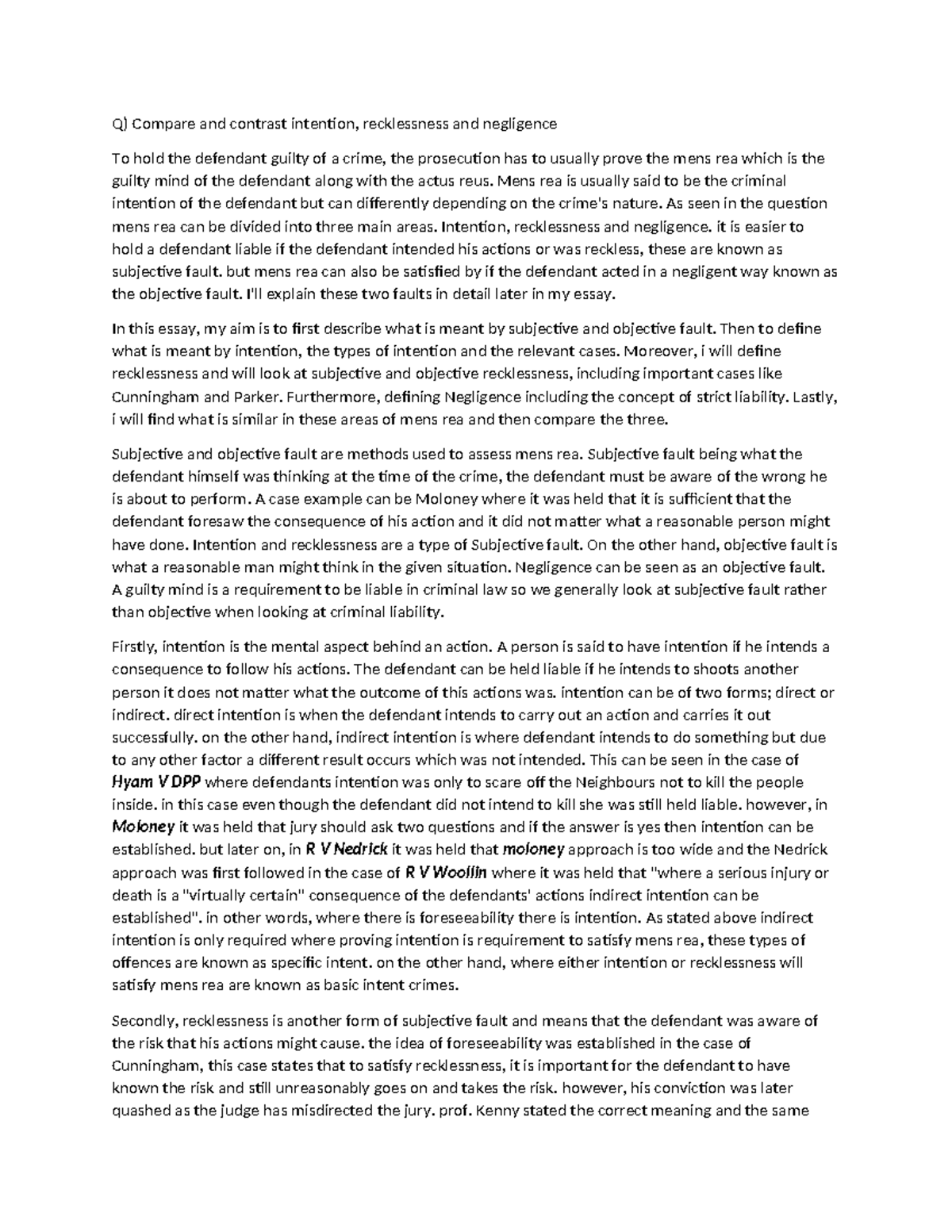 Mens Rea sample - Q) Compare and contrast intention, recklessness and ...