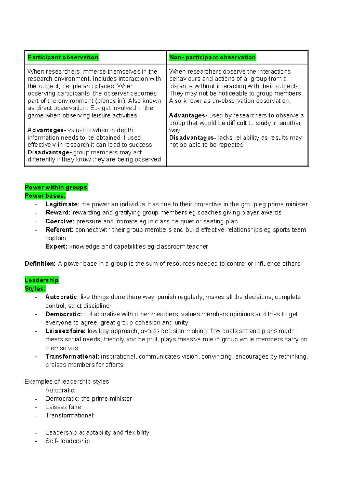 Cafs notes - Participant observation Non- participant observation When ...