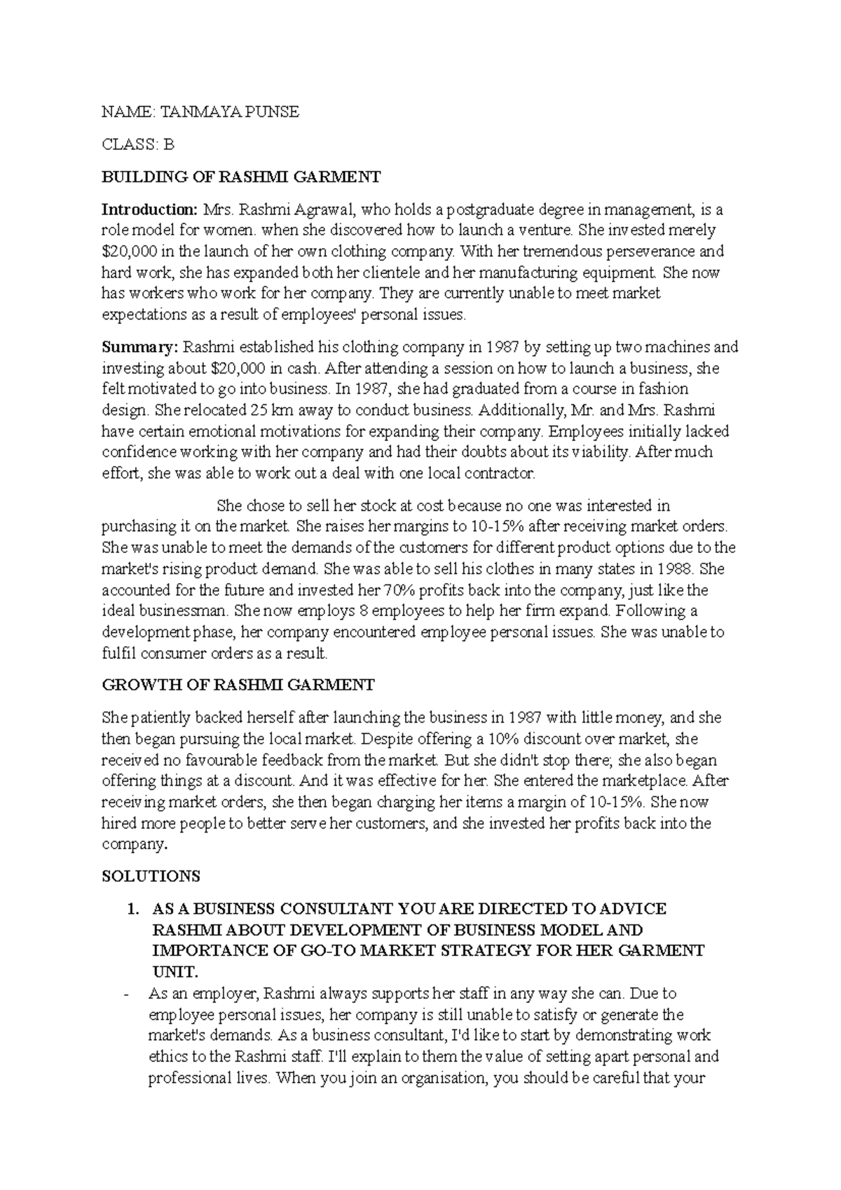 Rashmi Garments - Case study - NAME: TANMAYA PUNSE CLASS: B BUILDING OF ...