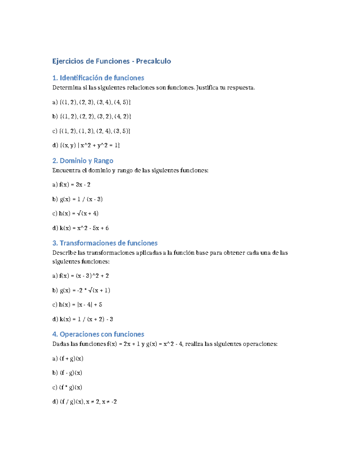 Ejercicios Funciones Precalculo - Ejercicios de Funciones - Precalculo 1. Identificación de ...