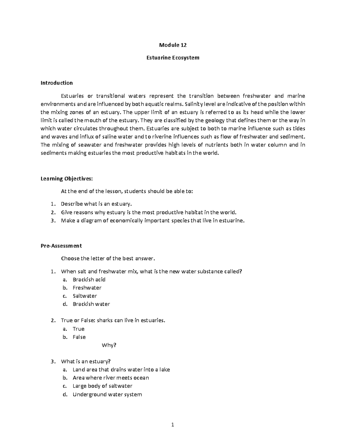 12Module in Environmental Science - Module 12 Estuarine Ecosystem ...