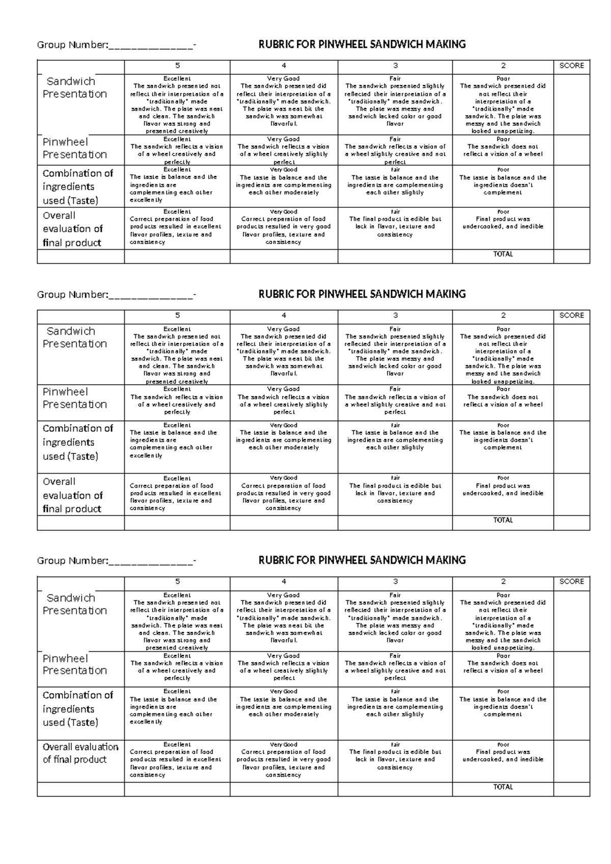 Rubric FOR Pinwheel Sandwich - Group Number:_______________- RUBRIC FOR ...