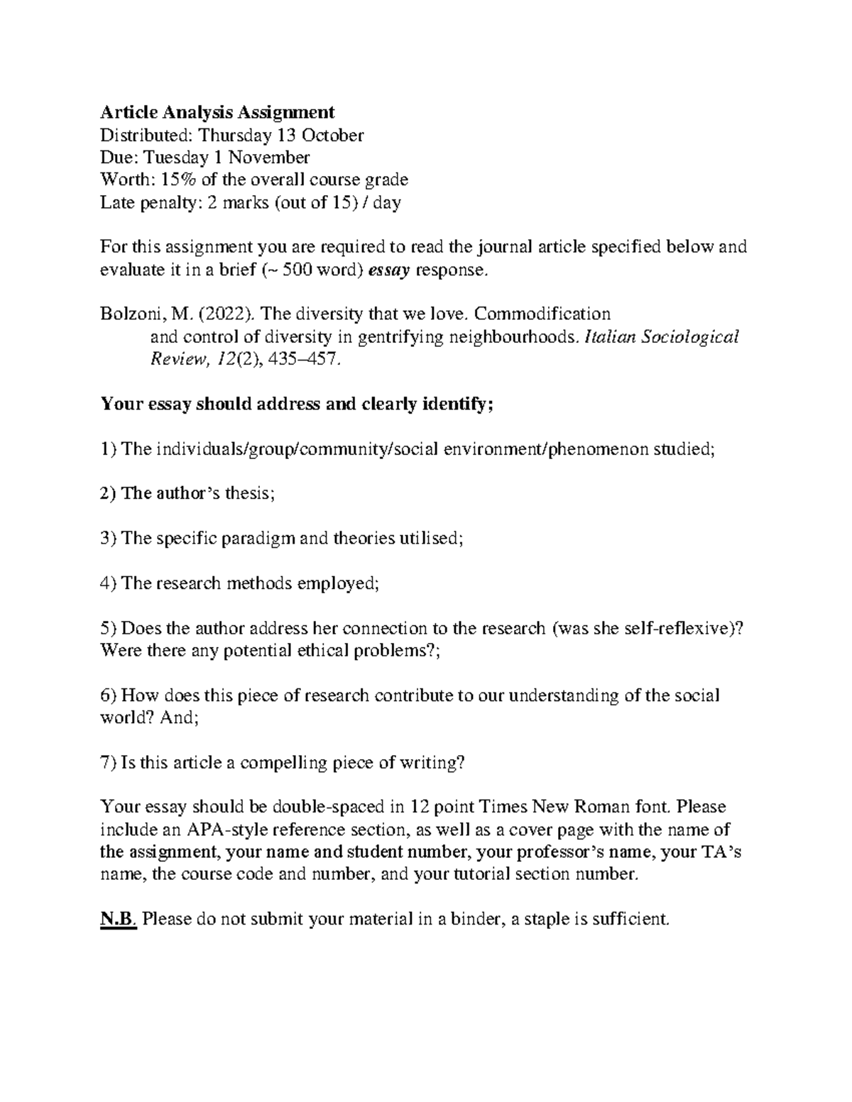 SOC 105 Article Analysis F 22 131 161 - Article Analysis Assignment ...