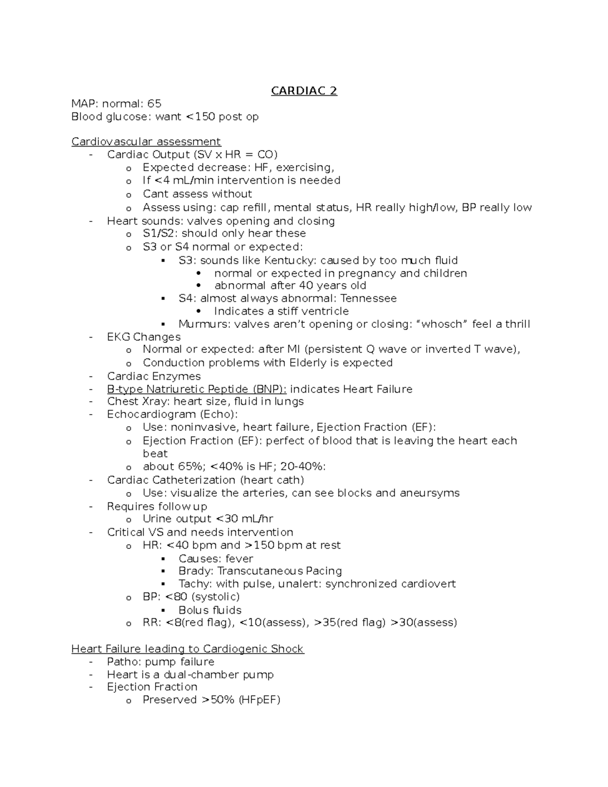 Cardio 2 Lecture notes - CARDIAC 2 MAP: normal: 65 Blood glucose: want