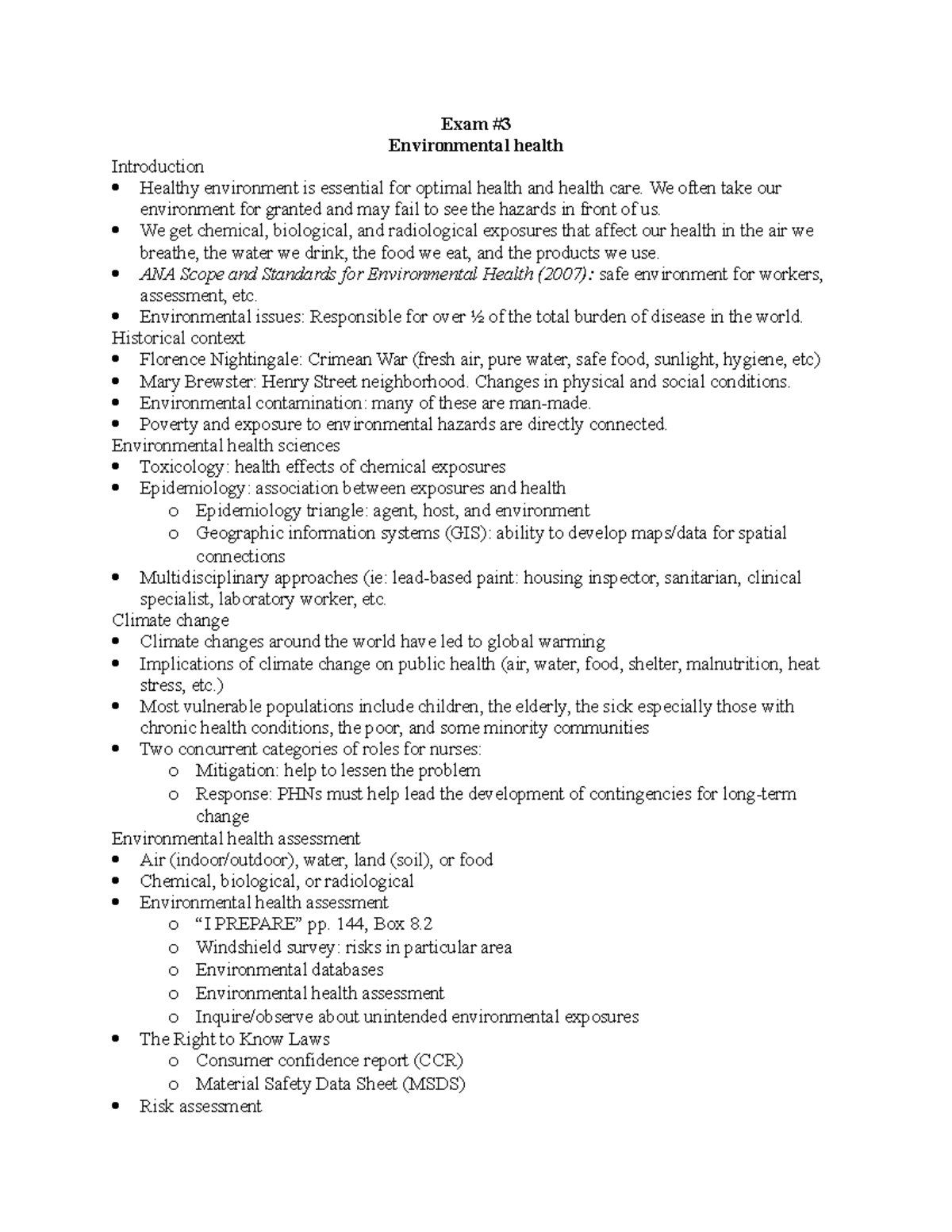Pop exam 3 - lecture notes - Exam # Environmental health Introduction ...