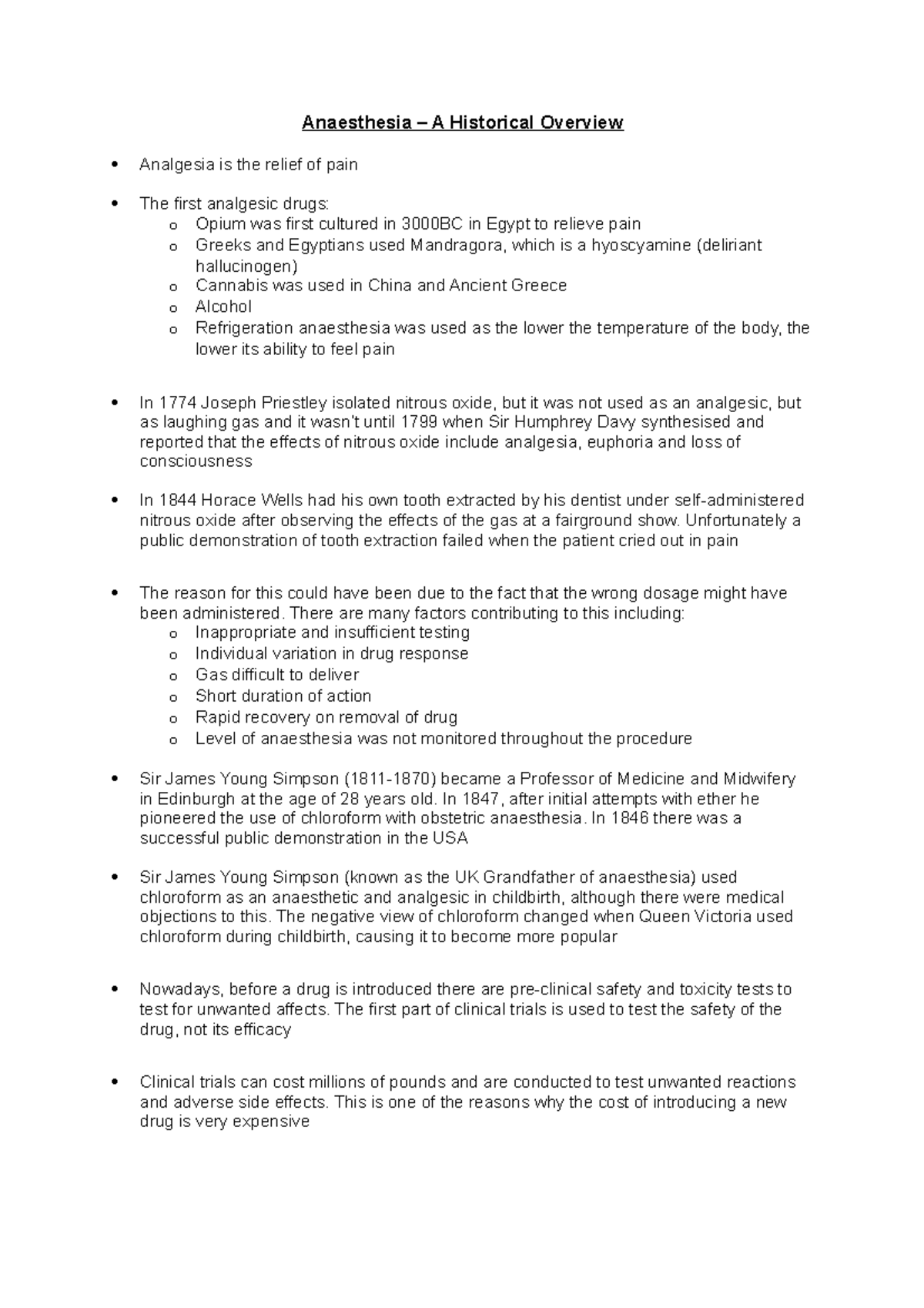 Lecture 17 notes - Anaesthesia a Historical Overview - Anaesthesia – A ...