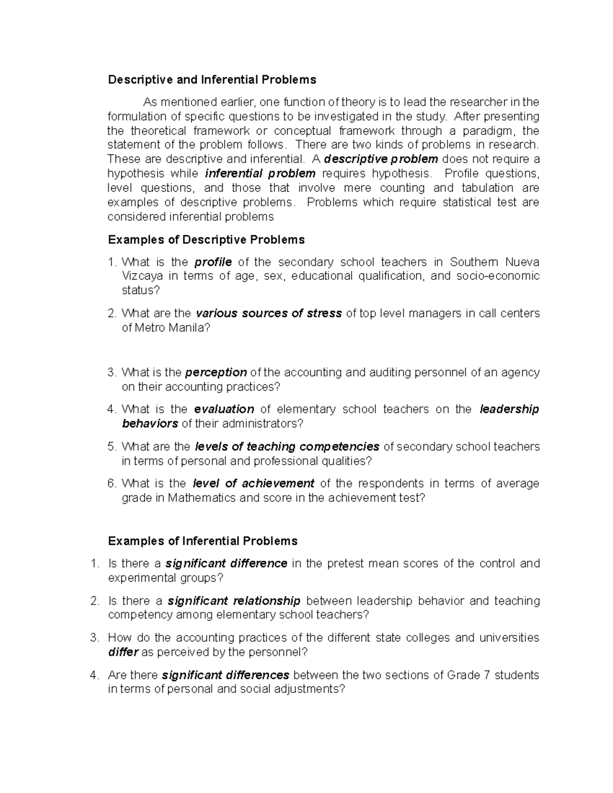 Descriptive and Inferential Problems - After presenting the theoretical ...