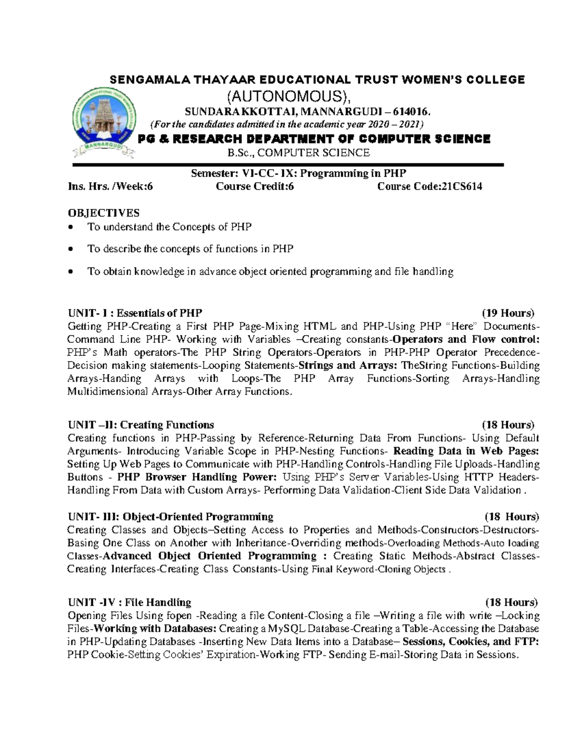 Programming in PHP - php - SENGAMALA THAYAAR EDUCATIONAL TRUST WOMEN’S ...