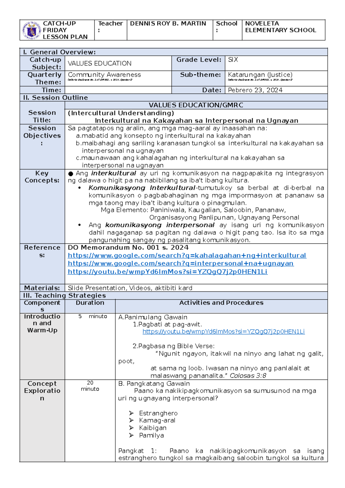 VE6-TG-CUF-Q3 W4 - Values Education-Intercultural Education - CATCH-UP ...