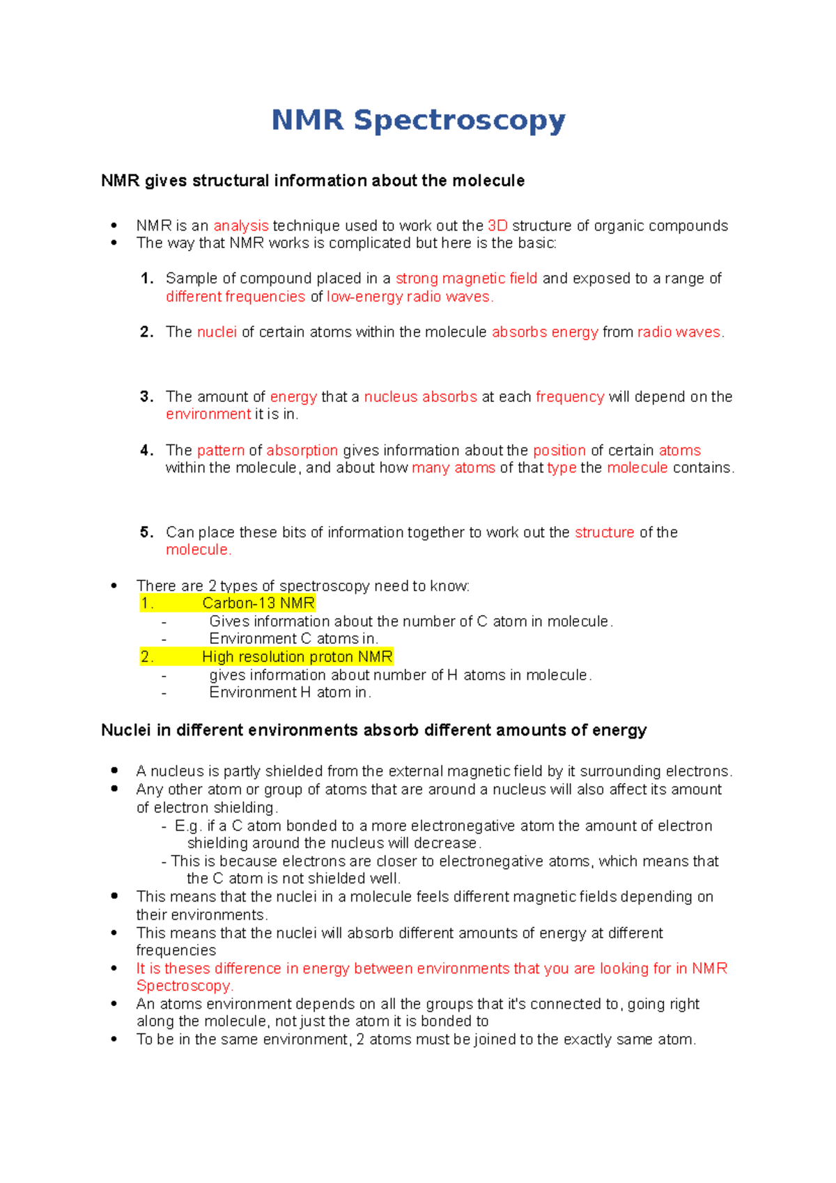 8. Extra Notes NMR Introduction - NMR Spectroscopy NMR gives structural ...