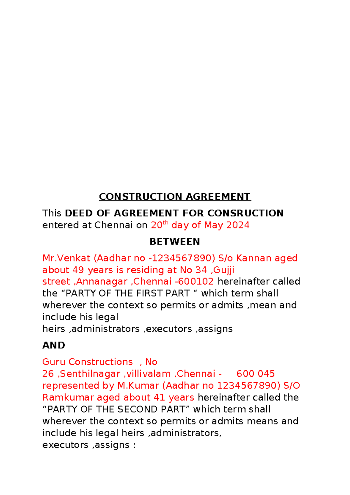Construction Agreement JINO Joseph - CONSTRUCTION AGREEMENT This DEED ...