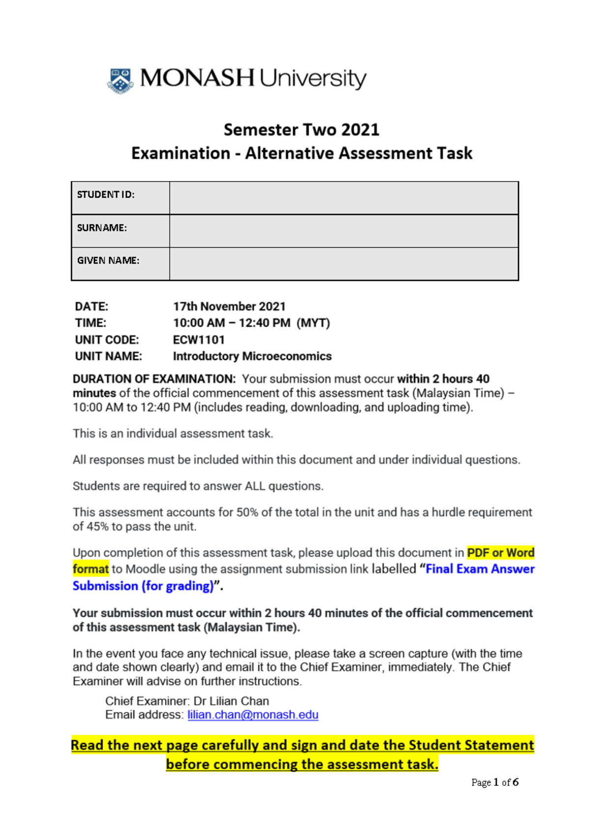 2021 Past year sem 2 - 2021 Final Exam Paper Sem 2 - Page 1 of 6 STUDENT ID: SURNAME: GIVEN NAME ...