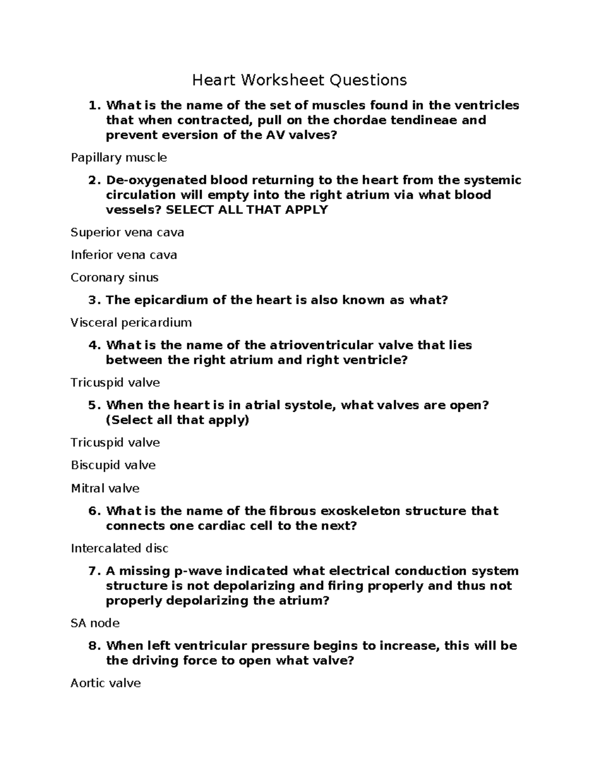 Week 2 Heart Worksheet Questions - Heart Worksheet Questions What is ...