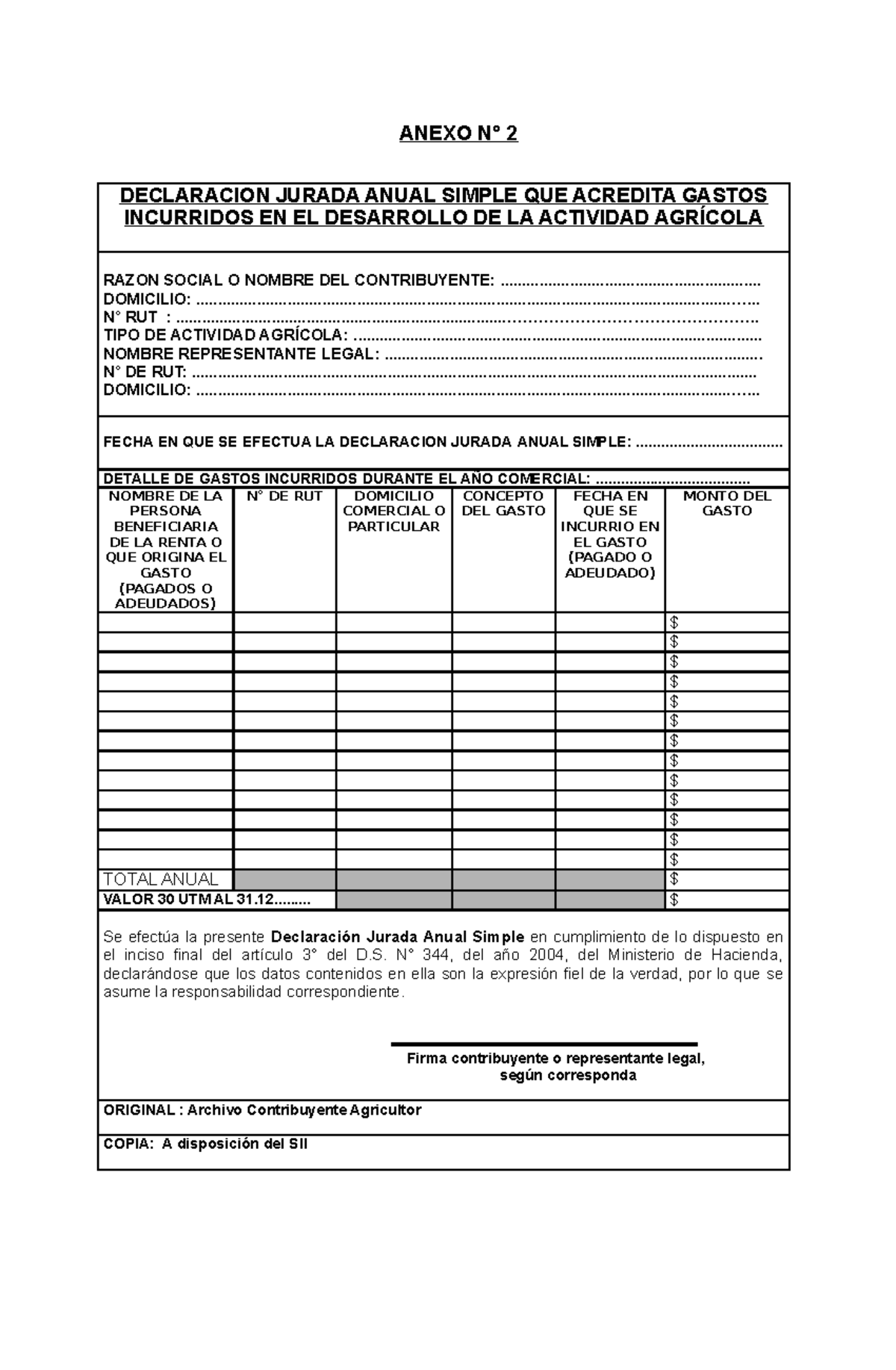 Circu 51 anexo 2 - ANEXO N° 2 DECLARACION JURADA ANUAL SIMPLE QUE ACREDITA GASTOS INCURRIDOS EN ...